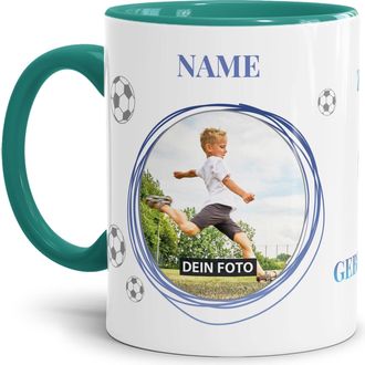 Tassendruck Kinder-Tasse mit Fußball-Motiv - mit Foto, Name & Zahl selbst gestalten - Für Mädchen & Jungen, Fußballtasse - Keramik Innen & Henkel Türkis, 300 ml I