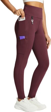 Baleaf Damen Fleece gef&uuml;tterte Leggings Wasserabweisend Hohe Taille Wanderleggings Thermo Leggings Fahrradhose Laufhose mit Rei&szlig;verschlusstaschen Weinrot 2XL