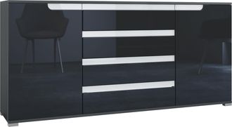 Vladon Sideboard Sylt V2, Kommode mit 2 Türen und 4 Schubladen, Korpus - Anthrazit matt/Front - Schwarz Hochglanz/Absetzung - Weiß Hochglanz (166,5 x 75,5 x 