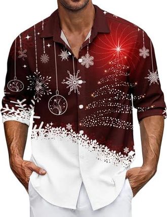 Generic Chemise de No&euml;l pour homme - F&ecirc;te de fin dann&eacute;e - Manches longues - Impression darbre de No&euml;l et neige - Chemise d&eacute;contract&eacute;e &agrave; manches longues avec c