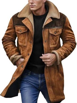 Generic Vestes western pour hommes, style cowboy vintage, en daim et velours, col en peluche, vestes longues dhiver similicuir, fermeture éclair, hauts rétro