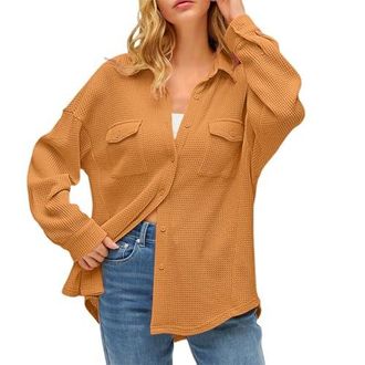 Generic Vestes pour femmes 2026 en velours c&ocirc;tel&eacute;, chemisiers boutonn&eacute;s, manches longues, hauts &agrave; manches longues, Orange, XXL