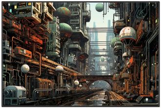 Wallario Wandbild - Industriestadt in der Zukunft in Premiumqualität, Poster mit schwarzem Rahmen, Größe: 61 x 91,5 cm