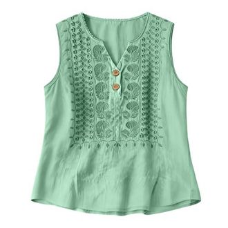 Generic D&eacute;bardeur &agrave; col en V pour femme avec boutons brod&eacute;s floraux, sans manches, en coton et lin, l&eacute;ger et confortable, couleur unie, coupe ample, &eacute;l&eacute;gant, 