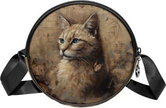 Generic Sac &agrave; bandouli&egrave;re rond pour femme, motif chat vintage, petit sac &agrave; bandouli&egrave;re avec fermeture &eacute;clair, bretelles r&eacute;glables, sac &agrave; main rond d&eacute;contract&eacute;