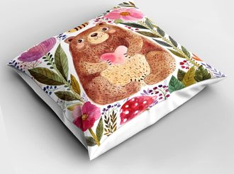 Abakuhaus Aquarell-Blumen Schlafkissenbezug, Bär mit Blumen, Dekorativer Weicher Mikrofaser-Kissenbezug Bedruckt, 80 cm x 80 cm, Mehrfarbig