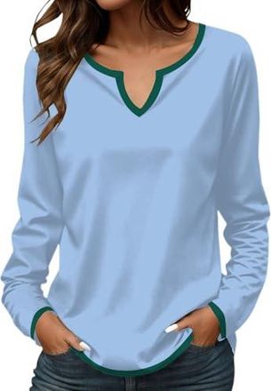 Generic Haut &agrave; manches longues pour femme - Grande taille - D&eacute;contract&eacute; - Col en V - Coupe droite, bleu ciel, XXL