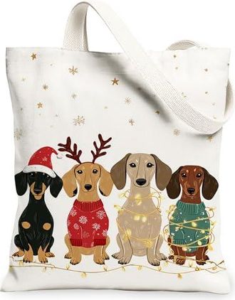 Generic Sacs fourre-tout en toile pour chiens de No&euml;l, sacs d&eacute;picerie r&eacute;utilisables, l&eacute;gers et lavables avec bandouli&egrave;re en toile, blanc, 13x15 Inch