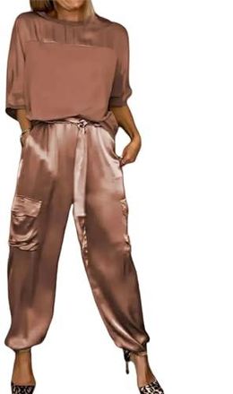 Generic Ensemble de pantalons en satin, ensemble haut &agrave; manches mi-longues et pantalon en satin lisse, ensemble 2 pi&egrave;ces pour femme, ensemble confortable et d