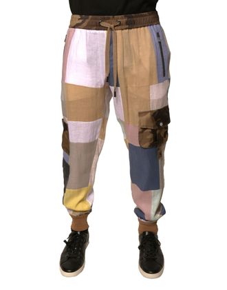 Dolce & Gabbana Mens Multicolor Patchwork Jogger Sweatpants Pants Linen Ramie Silk Virgin Wool