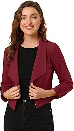 Allegra K Veste courte de travail pour femme avec revers cranté, manches longues, ouverture sur le devant, blazer court, bordeaux, 36