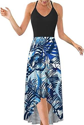 Generic Robe amincissante pour femme - Robe de plage ajust&eacute;e sans manches - Imprim&eacute; floral boh&egrave;me - Col en V - Tendance et &eacute;l&eacute;gante, bleu, XL