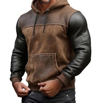 Generic Sweat &agrave; capuche pour homme en similicuir avec manches perfor&eacute;es et cordon de serrage - Style r&eacute;tro - Pour les loisirs et la rue, marron, L