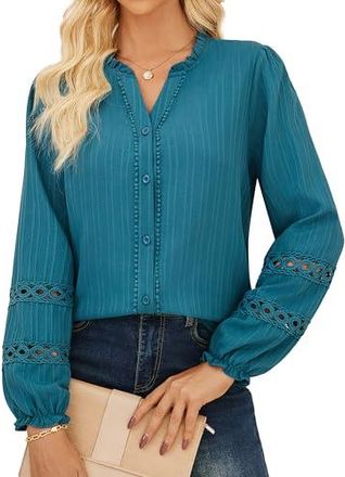 Grace Karin Chemise élégante à col en V pour femme - Décontractée - Manches longues - Couleur unie, bleu-vert, M