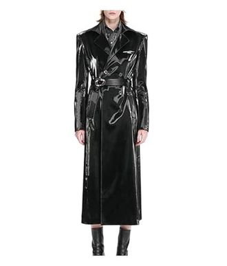 Generic Trench-coat long en simili cuir verni r&eacute;fl&eacute;chissant pour femme Printemps - Manteau &agrave; double boutonnage ceintur&eacute;, Noir, L