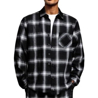 Generic Chemise &agrave; manches longues pour homme &agrave; carreaux - Coupe ample - Chemise &agrave; carreaux avec boutonni&egrave;re - Col rabattu - Chemise de travail - Confortable -