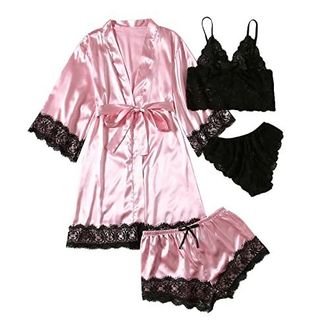 Generic Ensemble de pyjama 4 pi&egrave;ces en satin pour femme - Ensemble de pyjama en satin 4 pi&egrave;ces - Robe de nuit confortable et soyeuse en dentelle de soie Cami 