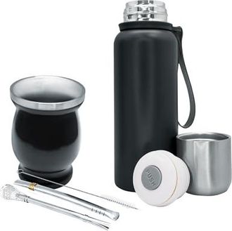 Nerthus Kitchenware FIH 1594 Mate-Set mit doppelwandigem Edelstahlbecher 250 ml + zwei Pfeifenlampen f&uuml;r Mate mit Reinigungsb&uuml;rste + Thermoskanne aus Edelstahl, 500 ml