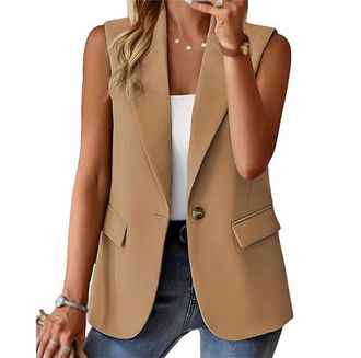 Generic Blazer sans manches 2025 pour femmes, blazer sans manches &agrave; revers crant&eacute; ouvert sur le devant, kaki, 3XL