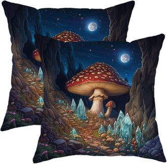 Generic Fantasy-Pilz-Kissenbez&uuml;ge, 2er-Set, lebendiger Nachthimmel, dekorative Kissen, phantasievolle Natur, Dekokissen f&uuml;r gem&uuml;tliches Zuhause, Sofa, Bett, C