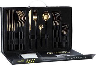 Rismart Edelstahl 24 Teile Besteck Set Silberbesteck mit Messer, Kaffee Suppe Teelöffel, Gabeln Gold Schwarz