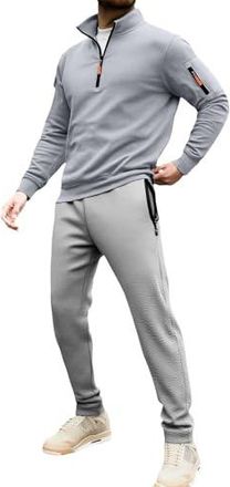 Generic Survêtement athlétique 2 pièces pour homme avec manches longues et col rond et pantalon de jogging en coton mélangé avec poches, C-Light Ashy, XXL