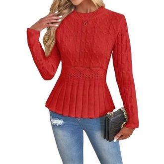 Generic Haut en tricot épais à col rond et manches longues pour femme, col rond, coupe ajustée, pull à volants en tricot torsadé, Rouge, XXL