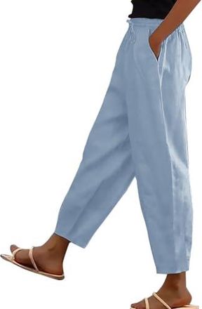 Generic Pantalon en Coton et Lin pour Femmes, Ceinture élastique, Taille Haute, Poches, Boutons latéraux, Pantalon à Neuf Points, Pantalon Ample décontracté, 