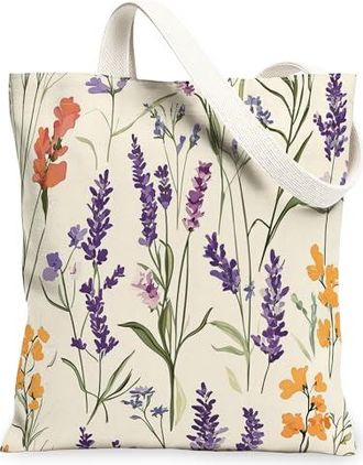 Generic Sac fourre-tout en toile de fleurs de lavande printani&egrave;re pour le shopping, 33 x 38 cm, motif floral sauvage vintage, sac d&eacute;picerie r&eacute;utilisable, sac 