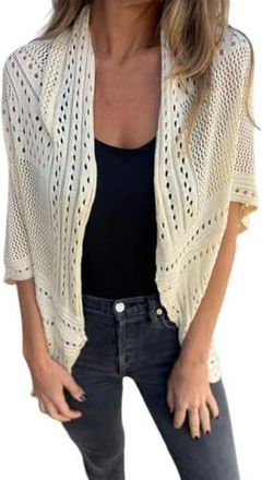 Generic Cardigan ajouré pour femme à manches mi-longues ouvert sur le devant en dentelle au crochet, élégant et décontracté, en tricot léger, beige, M