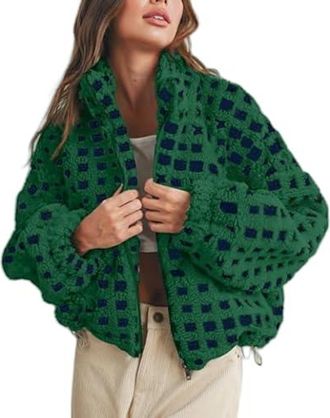 Generic Veste sherpa &agrave; carreaux pour femme - Manches longues - Style d&eacute;contract&eacute; - Fermeture &eacute;clair - Avec poches, Vert, XL