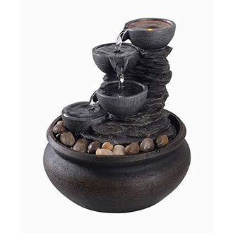 Teamson Home Tisch-Wasserspiel f&uuml;r den Innenbereich, 4-stufig, klein, Mini-Wasserbrunnen-Dekoration, modernes Wasserfall-Ornament mit Lichtern und Pumpe, grau