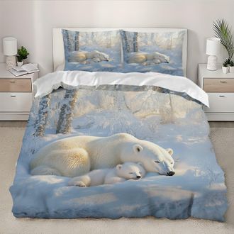 Generic Winter-Eisb&auml;R-Muster 3D-Druck Bettbezug Set Mikrofaser Superweicher Atmungsaktiver 3teilig Hypoallergen Mit Rei&szlig;verschluss Wei&szlig;E Schneeszene Bettw&auml;sch