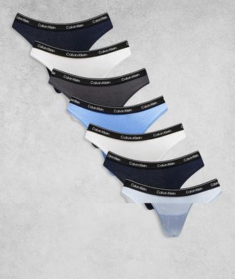 Calvin Klein Icon Logo - Tangas in Wei&szlig;/Blau mit schwarzem Bund, 7-er Pack-Bunt