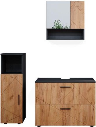 Vicco Ensemble de meubles de salle de bain Irma, Ch&ecirc;ne dor&eacute;/anthracite, 3 pi&egrave;ces, avec armoire centrale