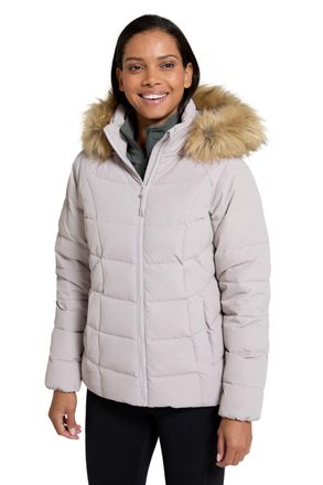 Mountain Warehouse Isla Extreme Kurze Damendaunenjacke - Wasserabweisender Parka Mantel, Daunenf&uuml;llung, K&auml;ltegetestet - Fr&uuml;hling Camping, Outdoor, Reisen, Wandern Hell-B