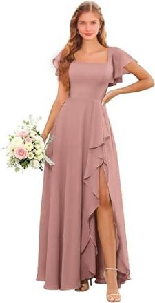 Generic Robe de demoiselle dhonneur à manches courtes en mousseline de soie avec fente et col carré, robe dinvitée de mariage, robe formelle pour mariage, vie