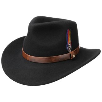 Stetson Oklahoma Wollfilz Westernhut Herren 100% wasserabweisender Filz Asahi Guard ultraleichter knautschbarer Hut mit Feder Lederband Sommer Winter schwarz 