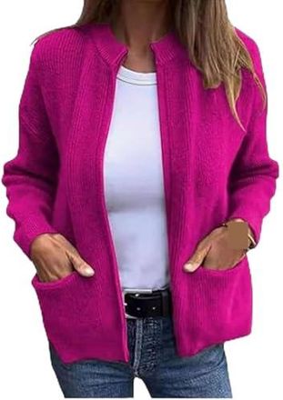 Generic Cardigan Femme &agrave; Fermeture &Eacute;clair, Col Rond Uni avec Poches, Veste en Tricot Ouvert D&eacute;contract&eacute;(Rose Red,5X-Large)
