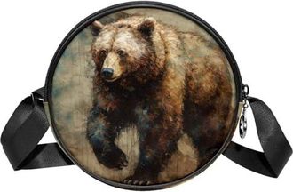 Generic Sac &agrave; bandouli&egrave;re rond pour femme, motif ours vintage, petit sac &agrave; bandouli&egrave;re avec fermeture &eacute;clair, bretelles r&eacute;glables, sac &agrave; main rond d&eacute;contract&eacute;
