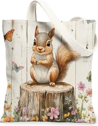 Generic Sac fourre-tout en toile d&eacute;cureuil printanier pour le shopping, 33 x 38,1 cm, sac d&eacute;picerie r&eacute;utilisable pour femme, motif animal, peinture de voyage,