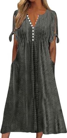 Generic Oyuchga Robe d&eacute;t&eacute; pour femme - Col en V avec boutons - Manches courtes - Robe de plage - &Eacute;l&eacute;gante - Solide - Robe longue - Coupe ample - Robe maxi - R