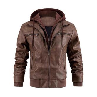 Generic Veste de moto &agrave; capuche en cuir synth&eacute;tique pour homme, coupe-vent vintage avec capuche amovible, marron, 3XL