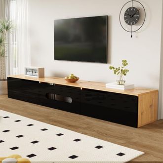 STILVORA Meuble TV avec 3 Portes et LED 16 Couleurs Bluetooth, Montage Mural ou au Sol, Finition Laqu&eacute;e, en MDF, 180&times;35&times;30 cm, Noir et Naturel