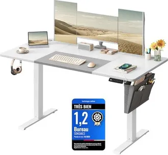 Songmics Bureau &Eacute;lectrique R&eacute;glable en Hauteur, 140 x 60 cm, Table Assis-Debout, Fonction M&eacute;moire 4 Hauteurs, pour Bureau, T&eacute;l&eacute;travail, Blanc Nuage et Gris Tou