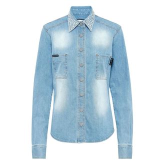 Philipp Plein Femme, Blouses et Chemises, Bleu, Taille: 40 FR Chemise en jean &agrave; manches longues avec col en cristal