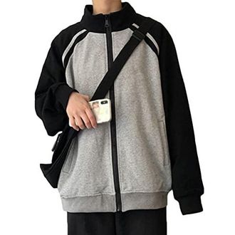 ORANDESIGNE Blousons Femme Bomber Jacket Harajuku R&eacute;tro Hip Hop Fermeture &eacute;clair Boutons Patchwork Manches en Cuir PU Manteau Coll&eacute;gial Baseball Veste Manteau en 