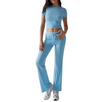 Generic Ensemble de sport 2 pi&egrave;ces pour femme - Pull d&eacute;contract&eacute; &agrave; manches courtes - Pantalon large - Costume d&eacute;contract&eacute; pour femme - Surv&ecirc;tement de loisirs 