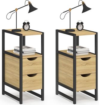 IDMarket Set mit 2 Nachttischen Detroit 2 Schubladen und 1 Nische, Holz und Metall, Schwarz, Industriedesign