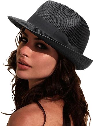 Dreshow Damen Panama Hut Breiter Krempe Stroh Sommer Fedora Strohhut Panama Aufrollen Hut Strand Rollbar UV Sonnenhut UPF 50 +